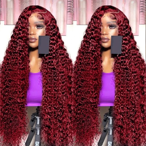 13x4 Deep Wave Lace Front Human Hair Wig Transparent 99J Burgundy Lace ...