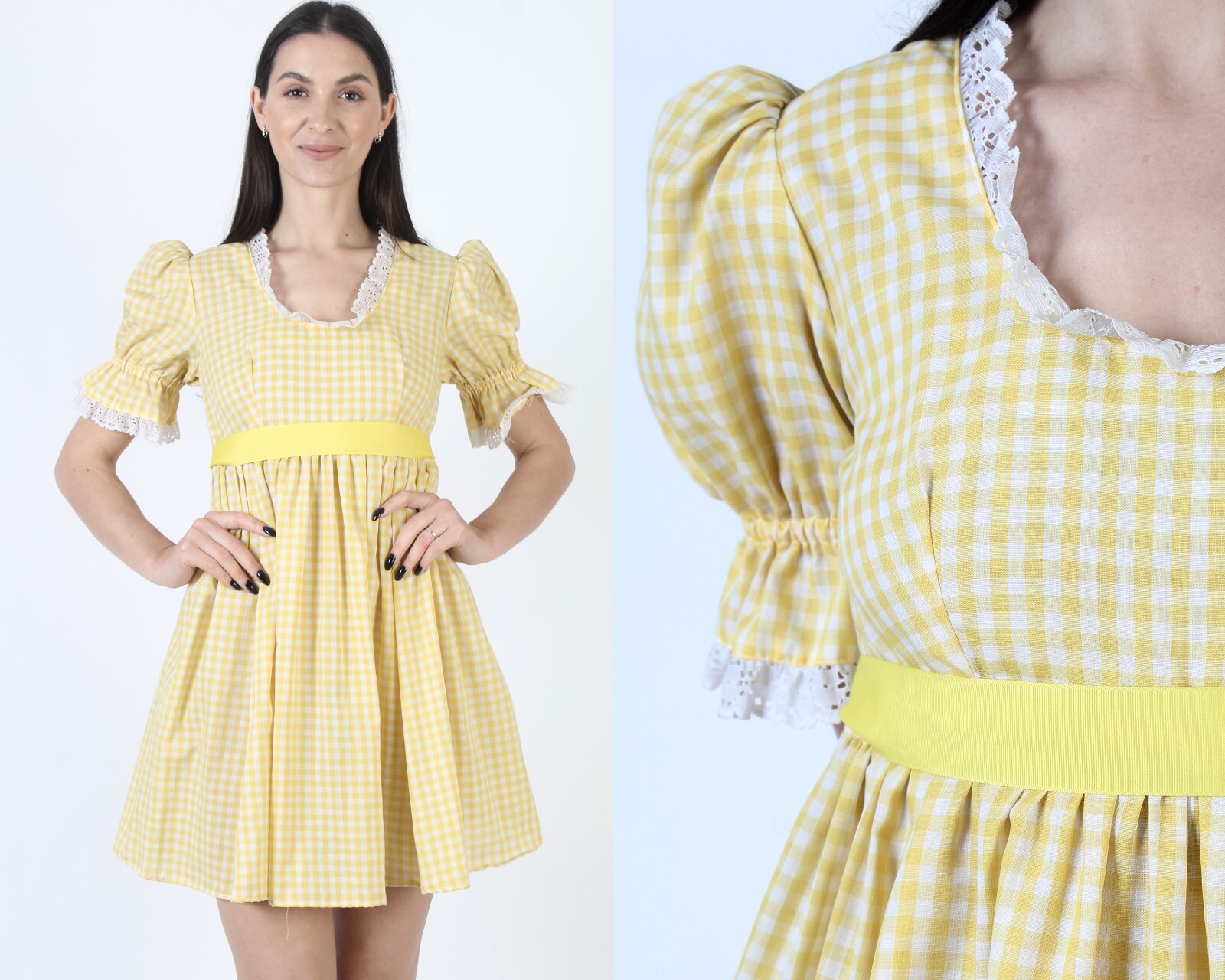 Vtg Summer Gingham Plaid Micro Mini Dress Puff Slv Bo… - Gem