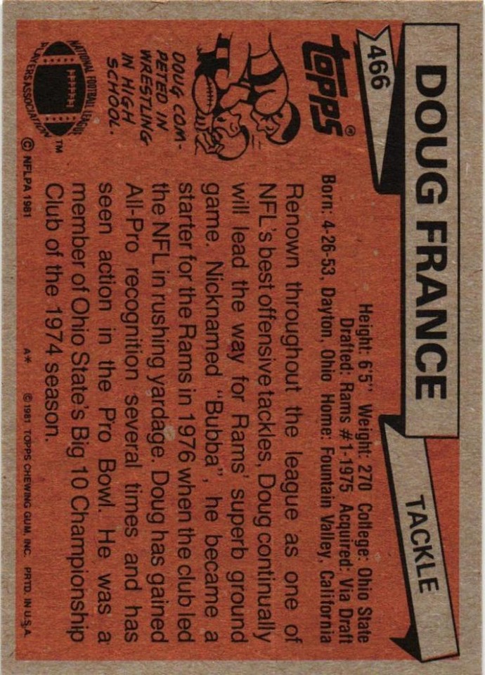 DOUG FRANCE 1981 Topps Football #466 READ FOR $1 PROMO RULE B17R2S15P6 ...
