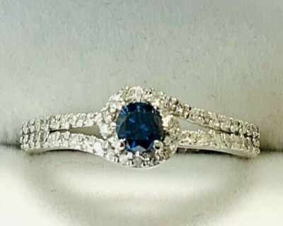 10KT White Gold Brilliant Cut Treated Blue Diamond White Diamonds Ring ...