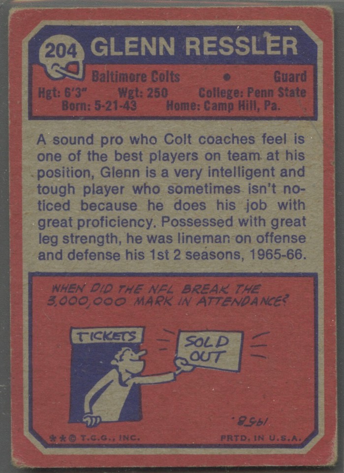 1973 Topps #204 Glenn Ressler Baltimore Colts | eBay