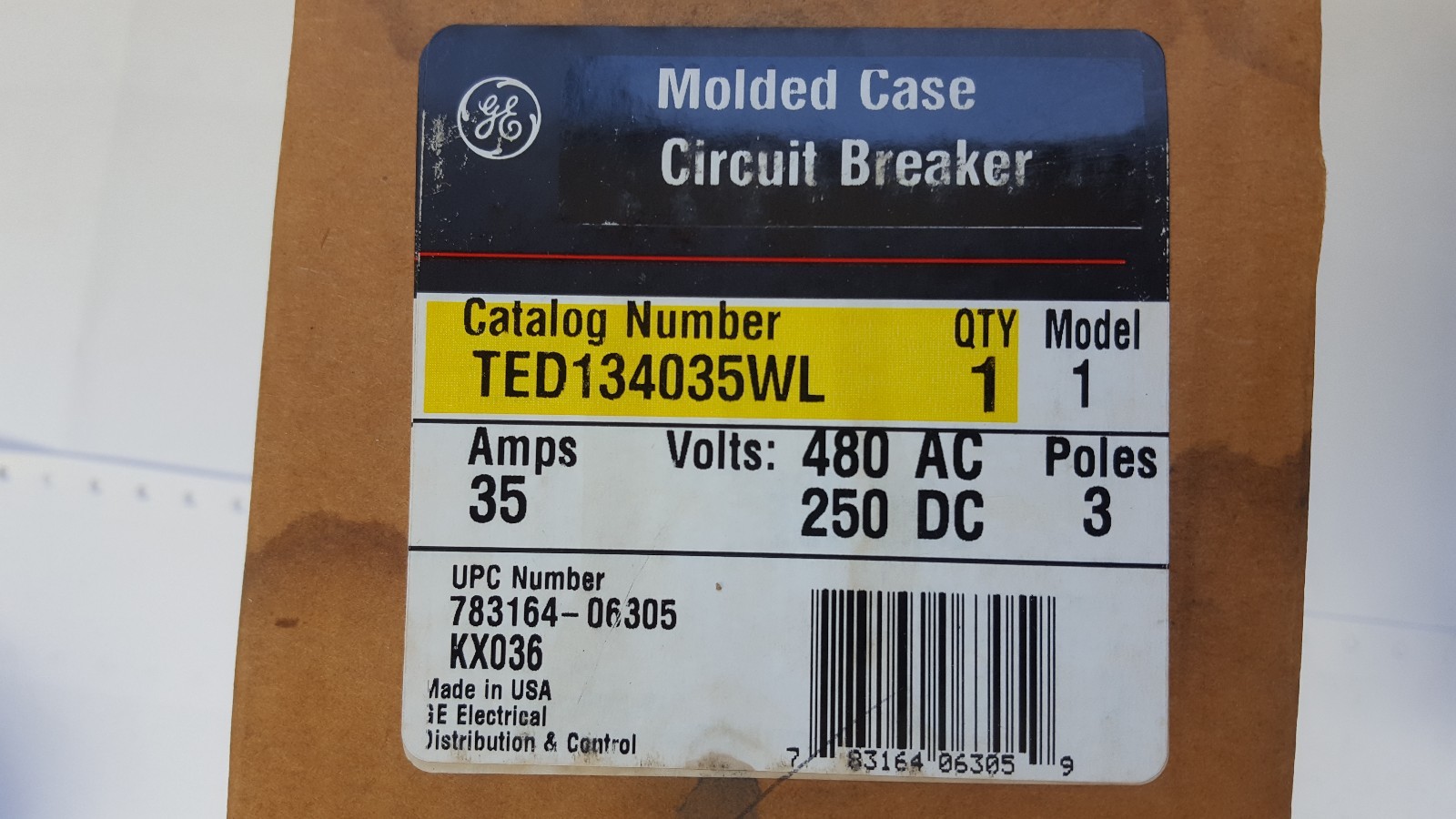 GE TED134035WL Moulded Case Circuit Breaker 480VAC 250VDC 35A 3p KX036 ...