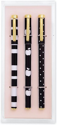 Kate Spade NY Black Ink Fine Tip Pen Set w/Tray (Dots,Apples & Stripes ...