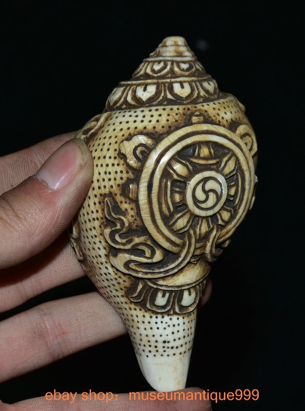 4.4" Old Chinese 8 Auspicious Symbol instrument Conch Shell Trumpet ...