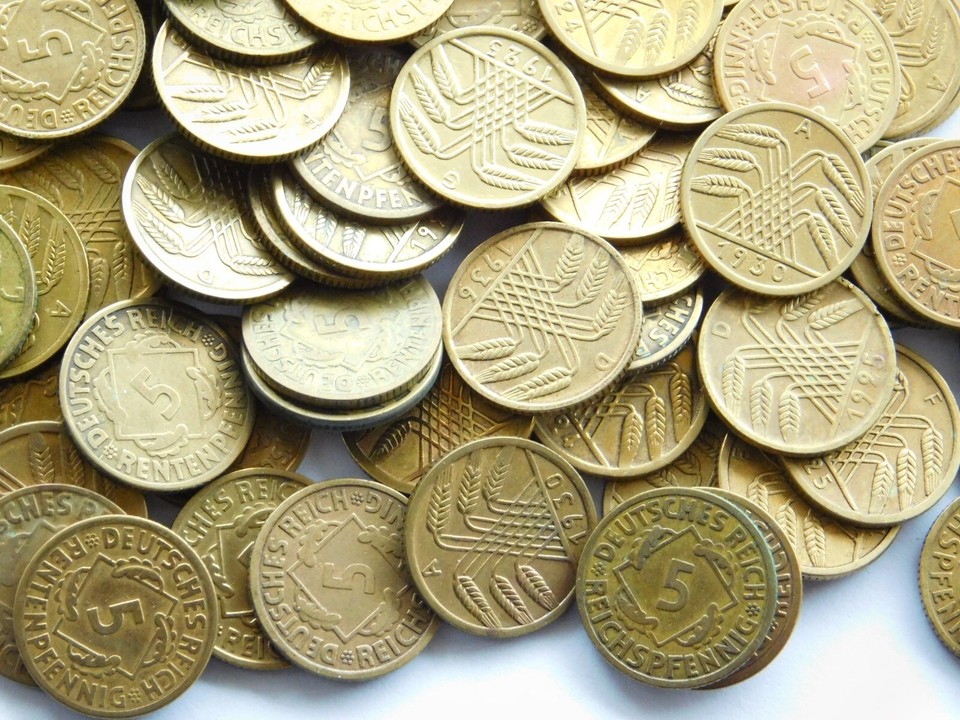 Lot GERMAN Coin 100x 5 REICHSPFENNIG 1924 - 1936 Brass WEIMAR REPUBLIC ...