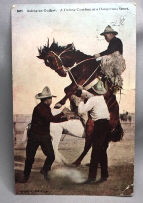1920 COWBOY Bucking BRONCO Riding OUTLAW Horse Postcard ANTIQUE ...