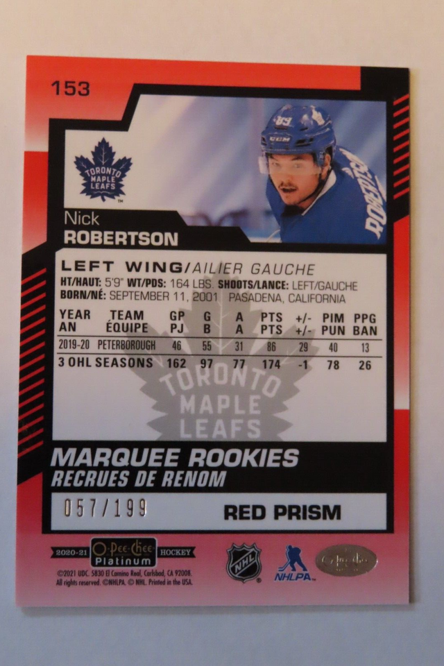 2020-21 O-pee-chee Platinum Nick Robertson Red Prism Marquee Rookies ...