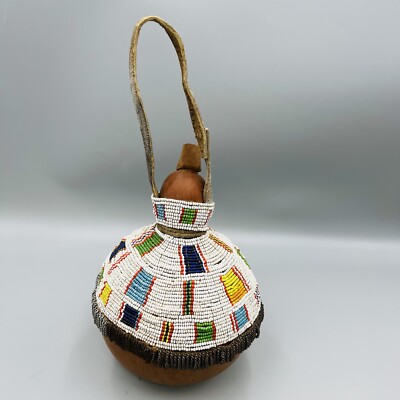 African Art Old Tribal Calabash Beaded Gourd Vessel Rattle Bottle ...