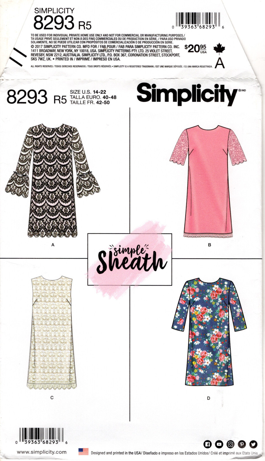 Simplicity 8293 Size 14-22 Dress Sheath Pattern 4 Styles for sale ...