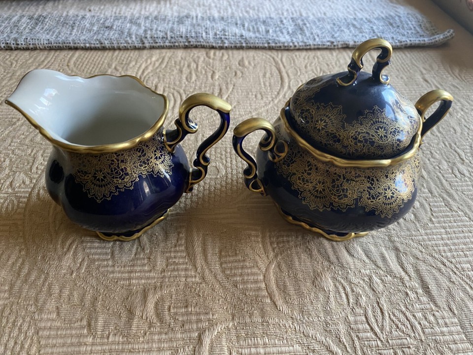 SET 15 PC LINDNER BAVARIA Echt Cobalt Blue SUGAR CREAMER CUPS SAUCERS ...