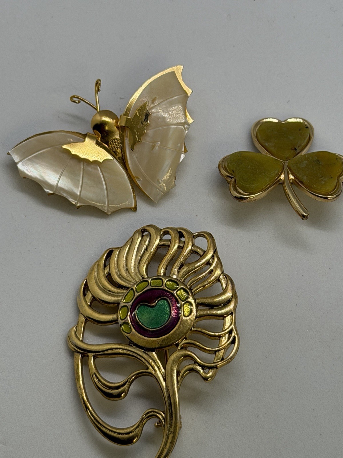 3pc Gold Tone Metal/Enamel Brooch Pin Lot Butterfly Shamrock Leaf Green ...