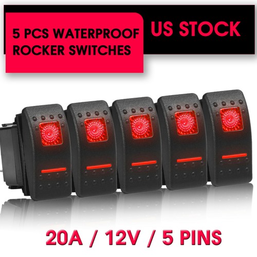 5 PCS Rocker Switch, Red, Lighted, 20 Amp, 12VDC, SPDT, On/Off | eBay