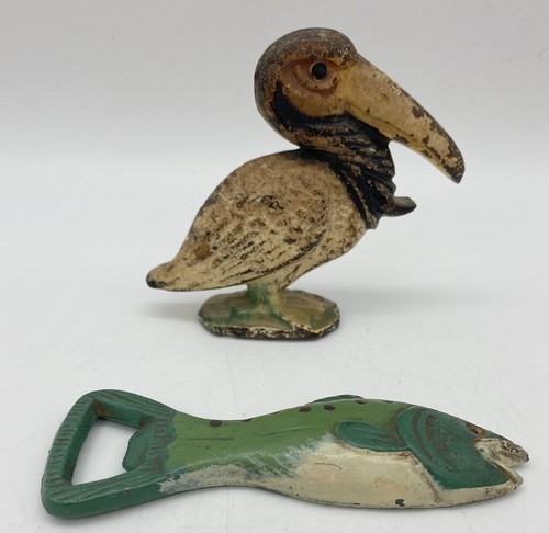2 Antique Vintage Style Cast Iron Bottle openers Pelican and Trout Hand ...