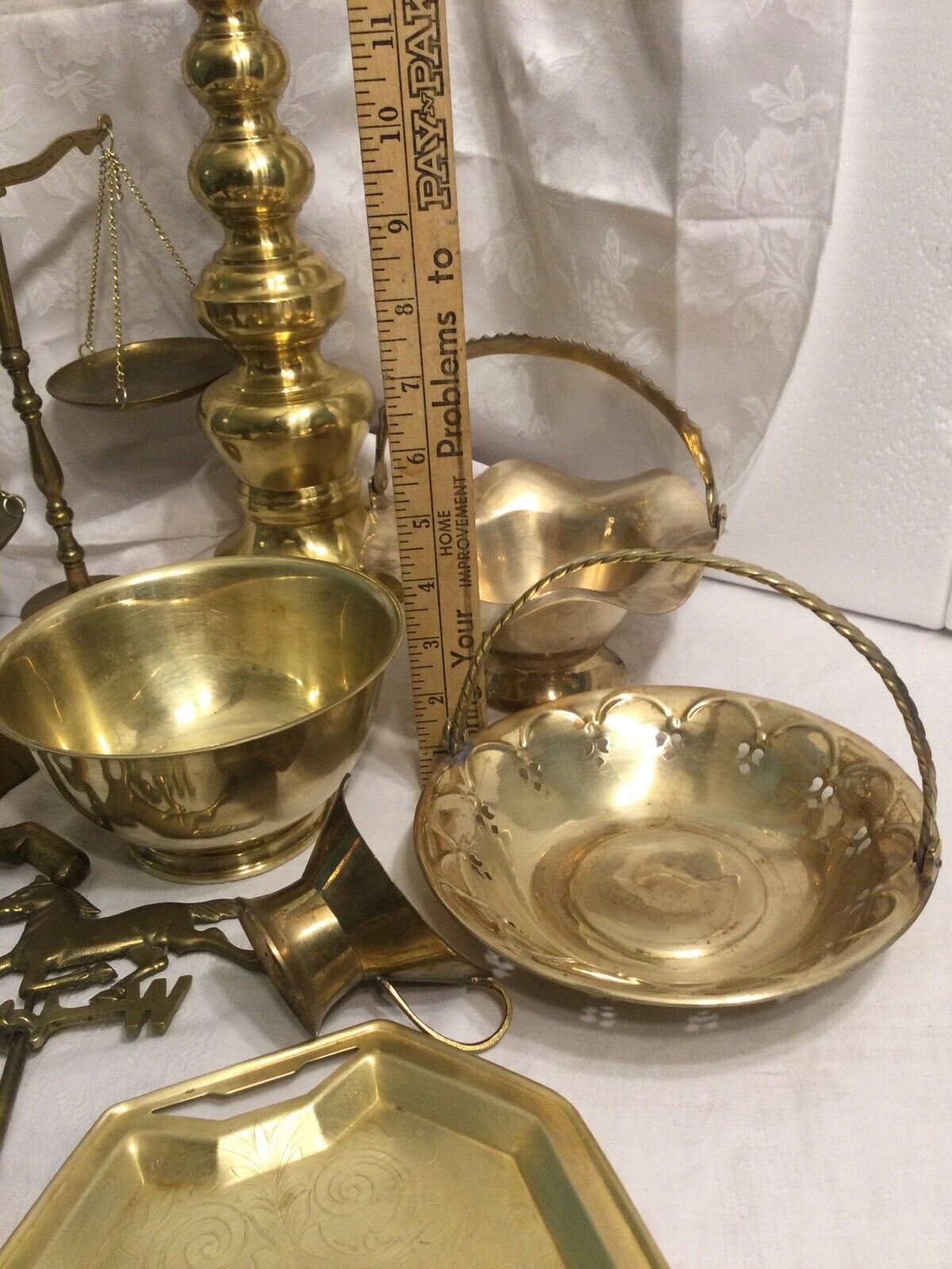 Large Lot of Vintage Brass Items - 18” Candlestick , Scale, Bowls ...