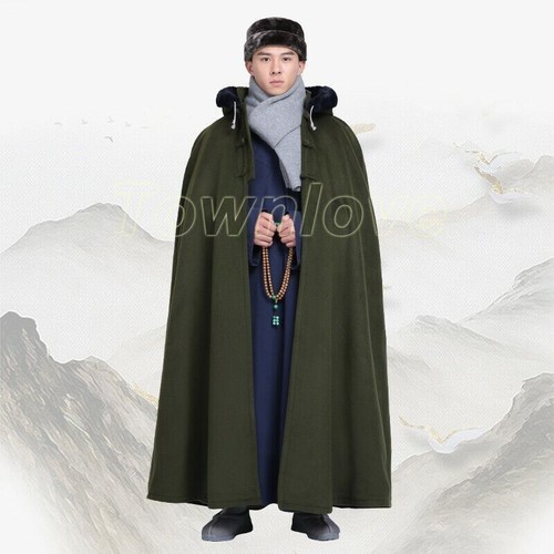 Men Chinese Style Cloak Mantle Cape Jacket Thick Outwear Bonze Hooded ...