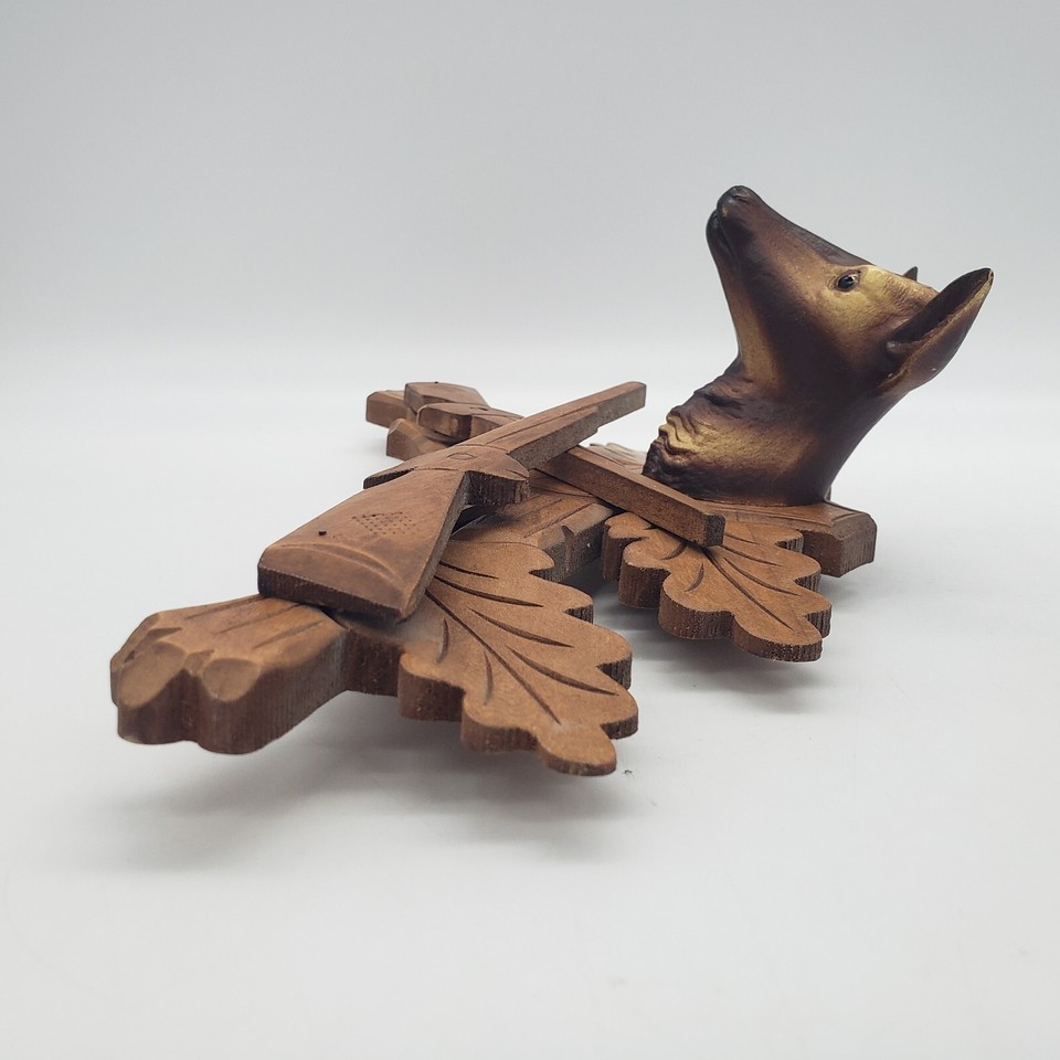German Black Forest Carved Cuckoo Clock Deer Head Rifle Topper **READ ...