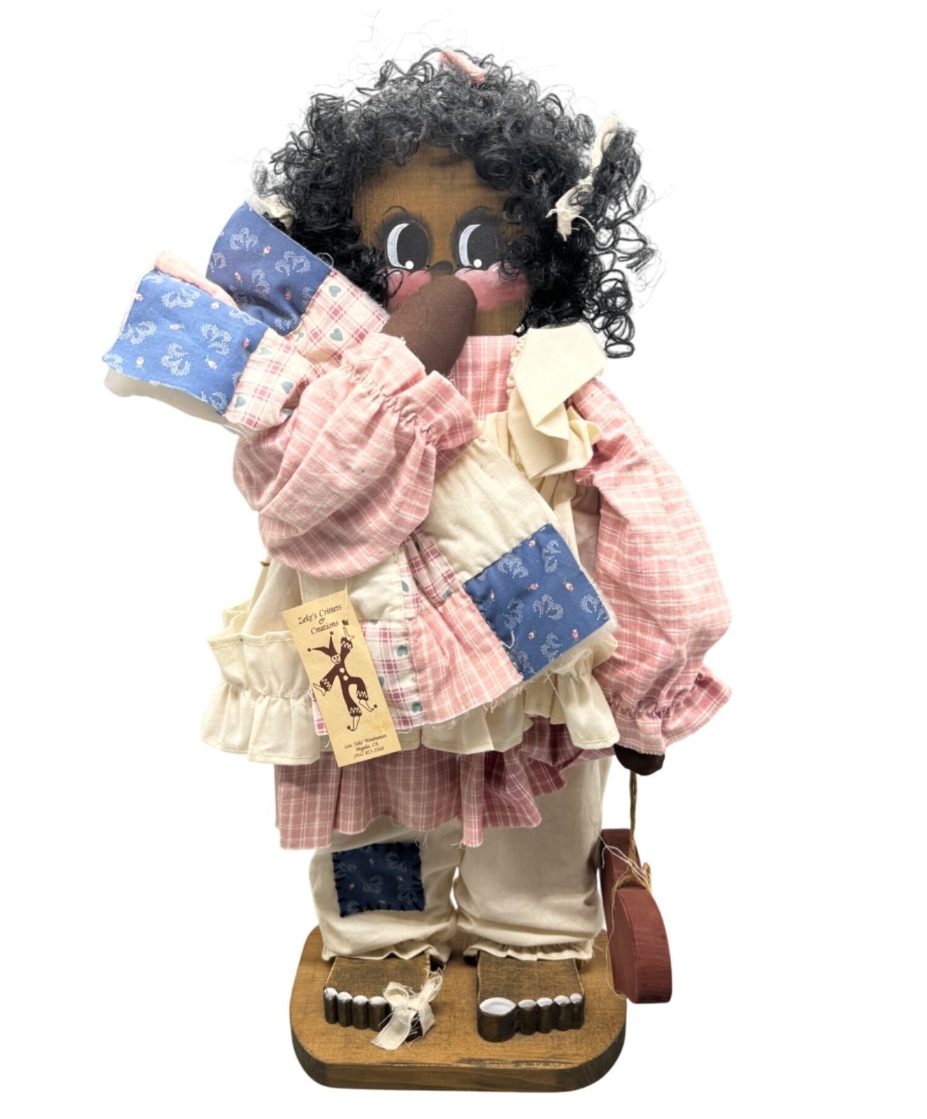 Handcrafted "Welcome" Rag Doll With Curly Hair & Wooden Base dark skin ...