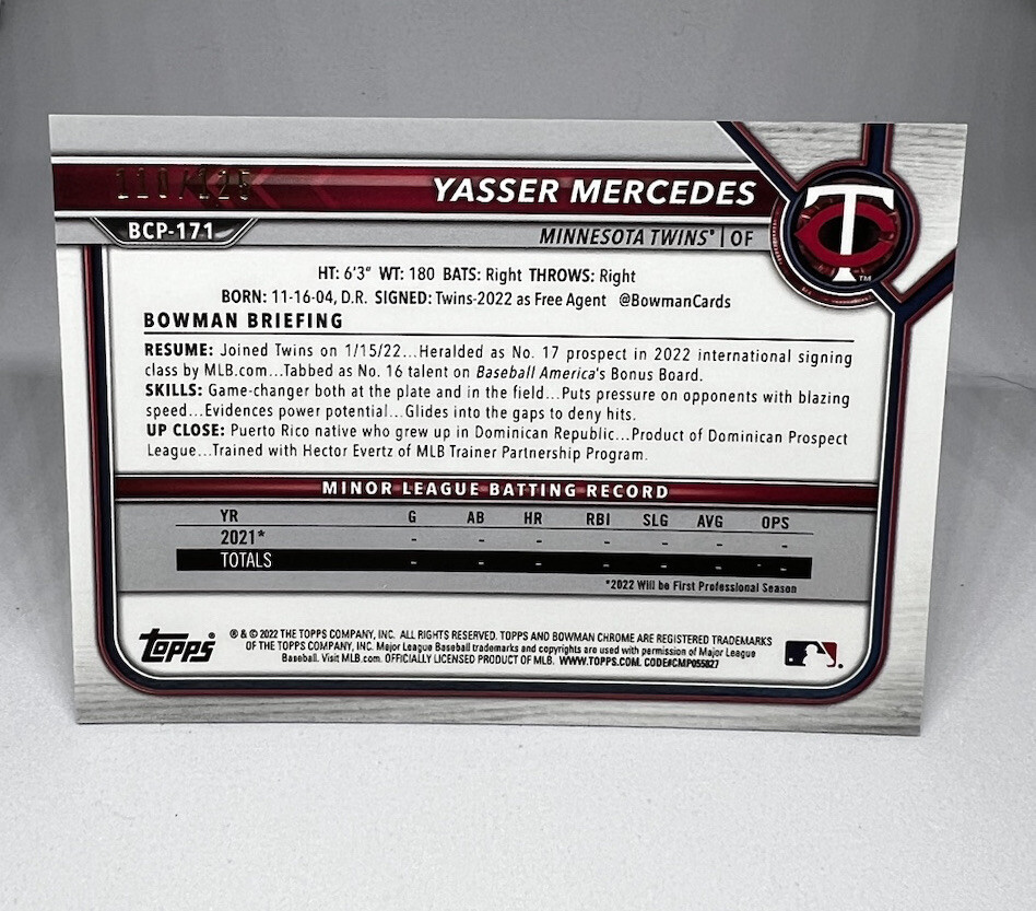 Yasser Mercedes 2022 Bowman Chrome 1st Prospect Aqua Refractor #BCP-171 ...