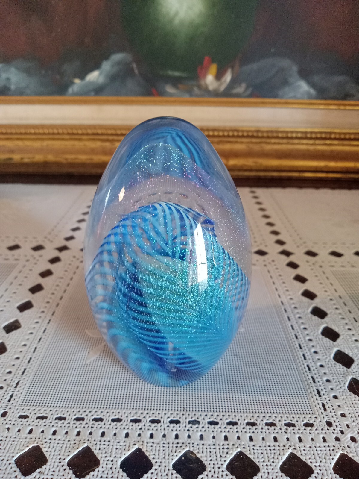 Robert Eickholt Egg Shaped Blue Iridescent Feather Pattern Glass ...