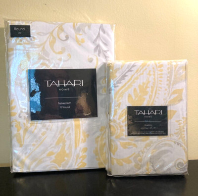 TAHARI Yellow/gray/white paisley design 70" round tablecloth & Four ...