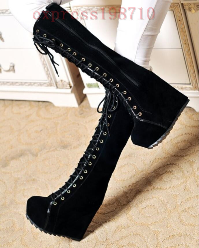 Women New Roman Platform Wedge Gothic Punk Cosplay Lace Up Shoes Knee ...