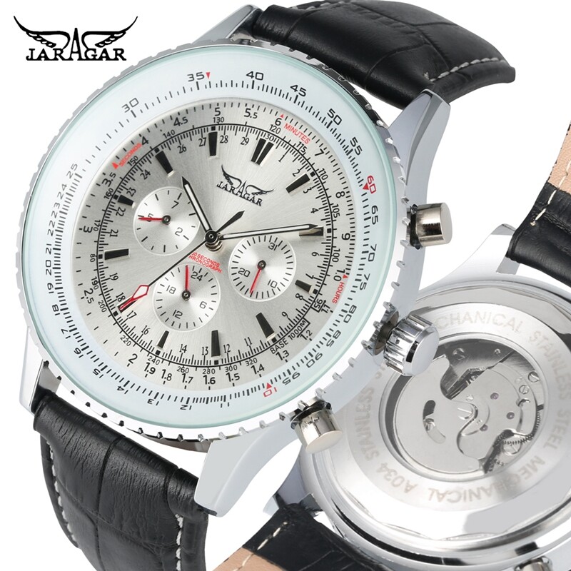 JARAGAR Men Automatic Mechanical Wrist Watch Leather Strap Chronograph Watches | eBay