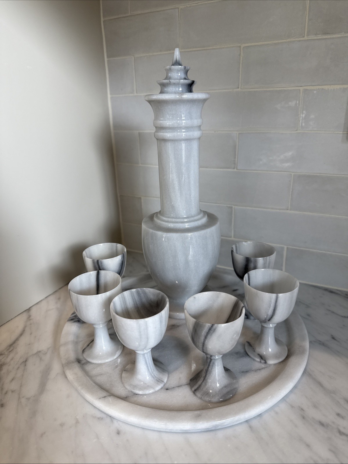 Vintage Marble Sake Set Pedestal Decanter Cups Tray - Gray / White ...