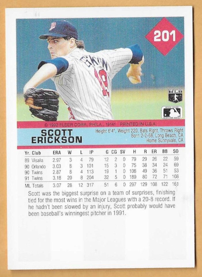 SCOTT ERICKSON MINNESOTA TWINS #201 - FLEER NM-MT 1992 | eBay