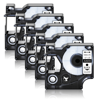 5PK Fits for DYMO 45010 LabelManager 300 350 Black on Clear 12mmx7m ...