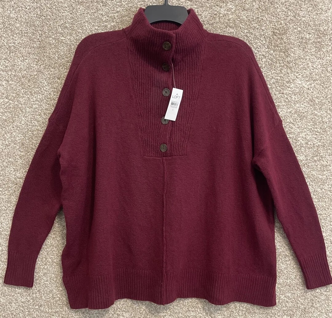 Loft Womens Maroon 1/4 Button Cotton Blend Pullover Sweater Size Small ...