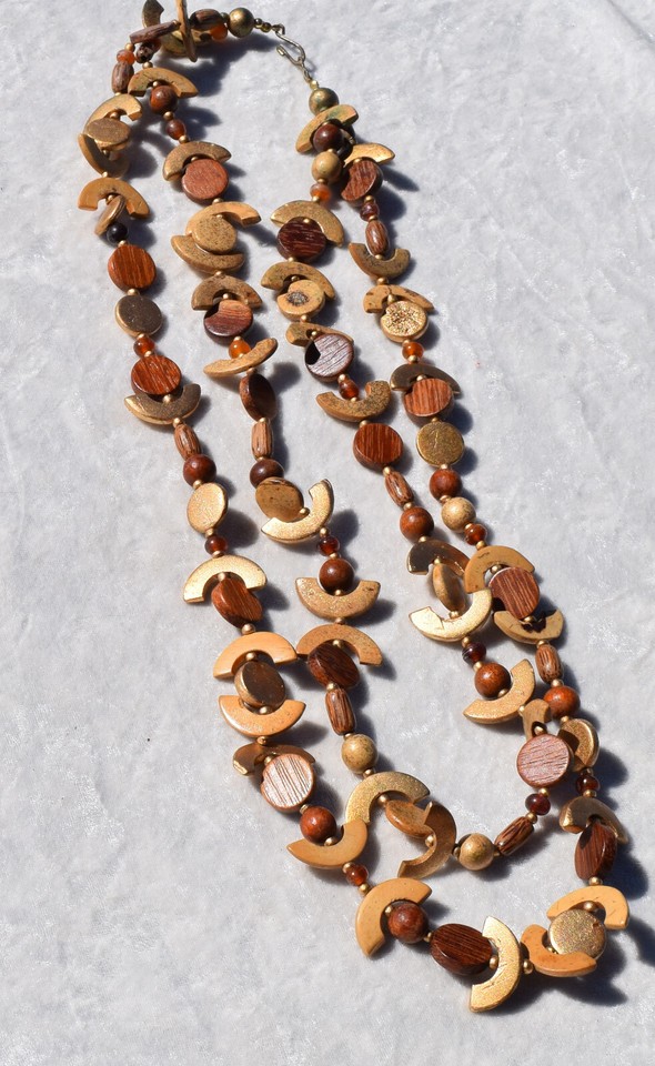 Wood Beaded Double Strand Necklace Geometric Shapes 30 Inch Hook Clasp ...