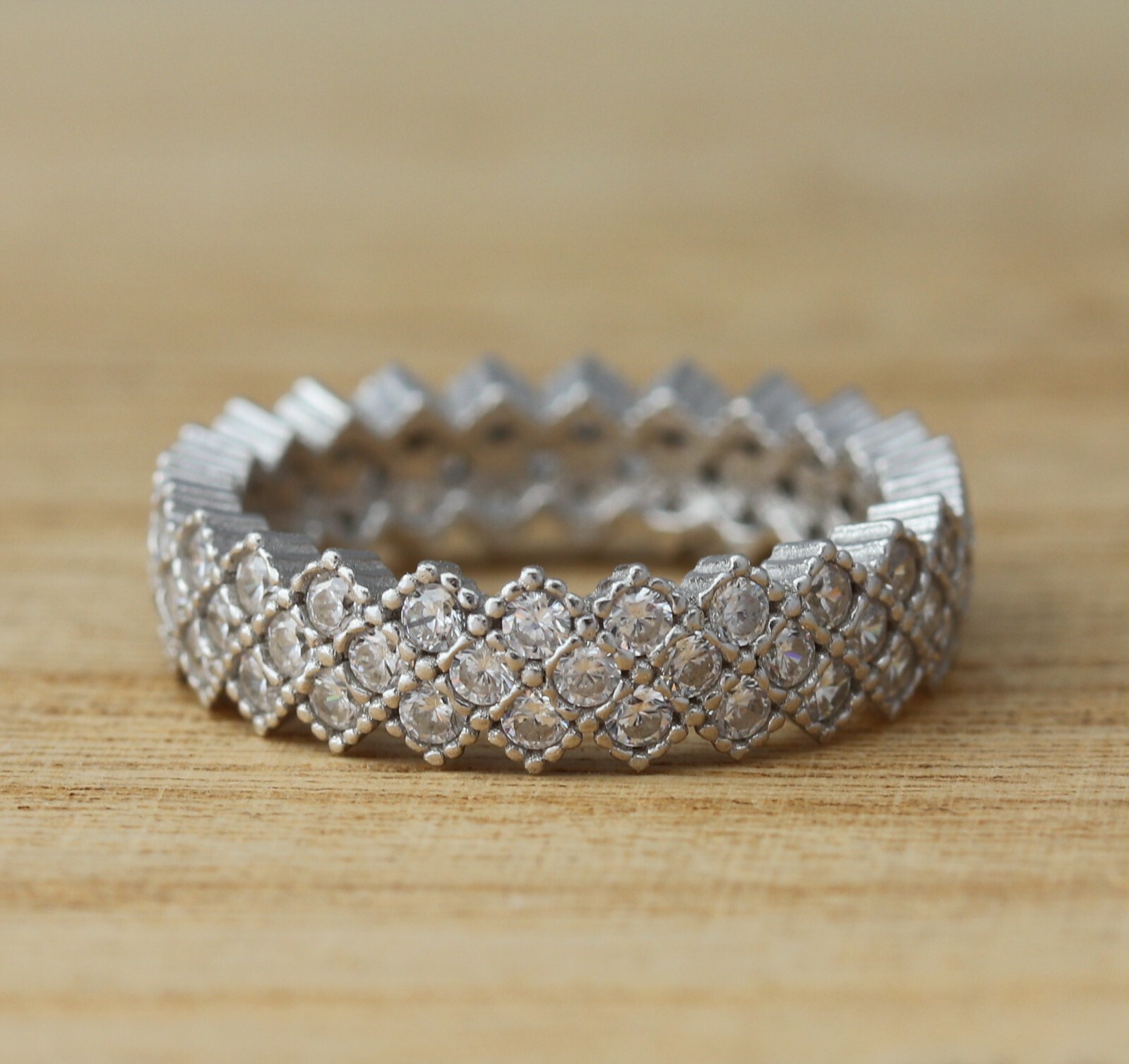 925 Sterling Silver Full Eternity Stacking Zig Zag Design CZ Band Ring ...