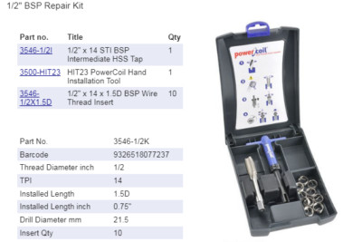 Thread Repair Kit 1/2 X 14 Tpi BSP Imperial PowerCoil Bordo 3546-1/2K ...