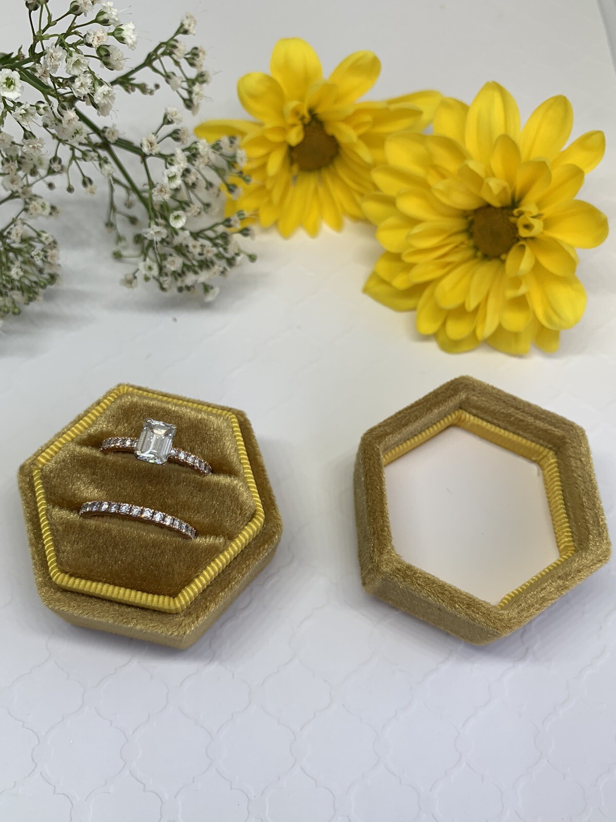 Velvet Ring Box Mustard Color Double Slot Hexagon Shape | eBay