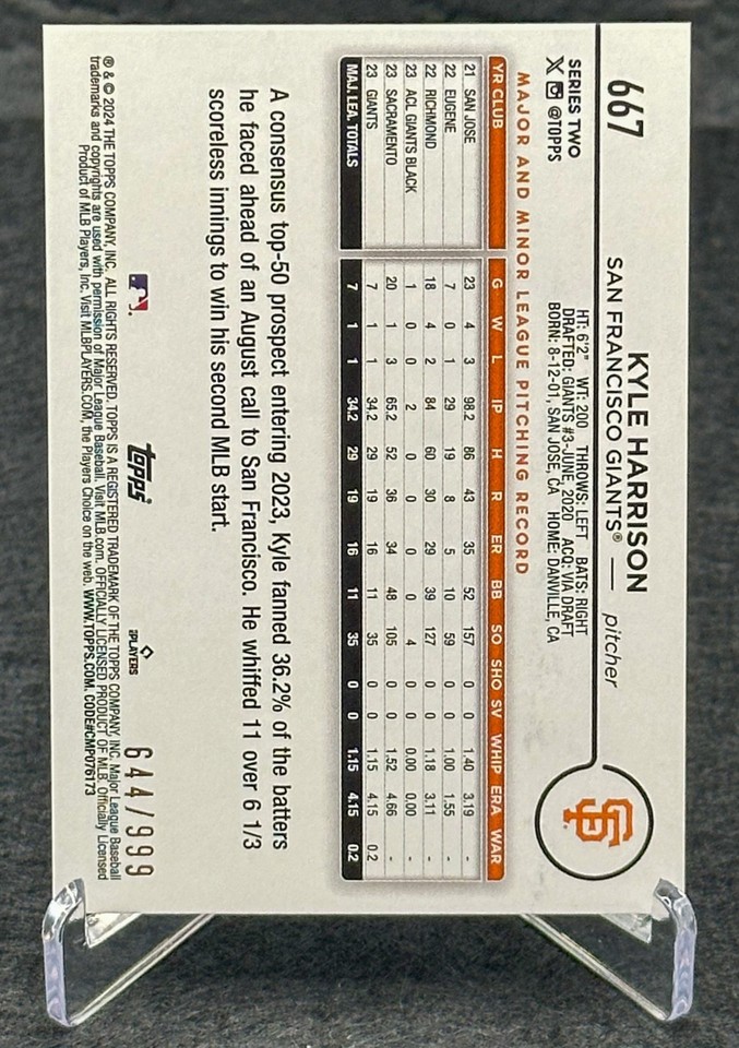 2024 Topps Series 2 - Kyle Harrison Blue Foil /999 (RC) San Francisco ...