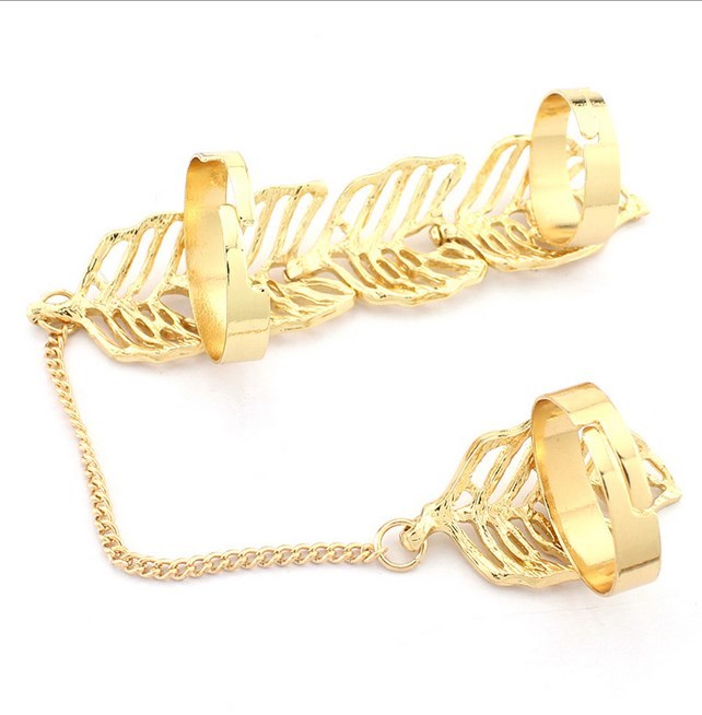 Gold Rhinestone Leaf Slave Chain Link Flexible Rings Joint Fingers Gift ...