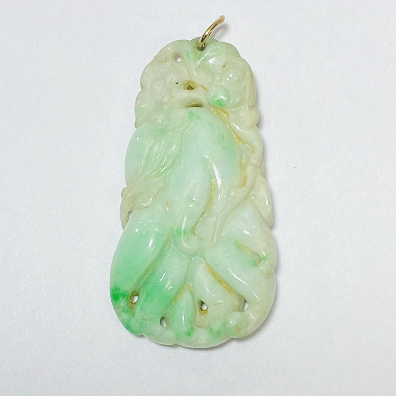 14K Yellow Gold Carved Moss-in-Snow Jade Chinese Gour… - Gem