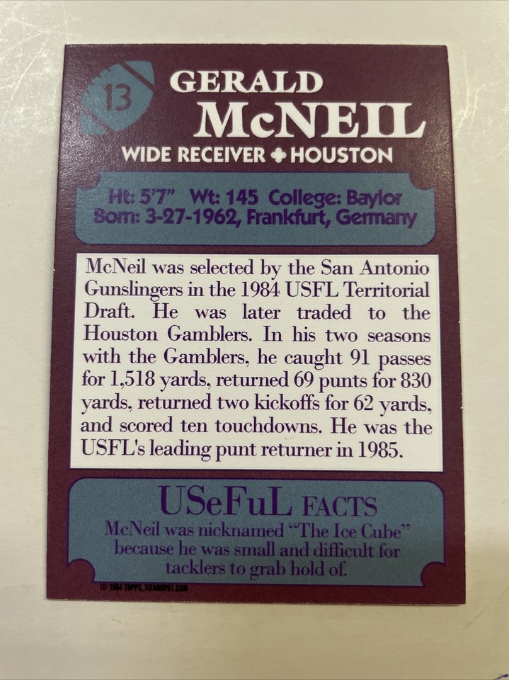 1984 USFL Football Gerald McNeil Houston Gamblers Signed Custom Card A ...
