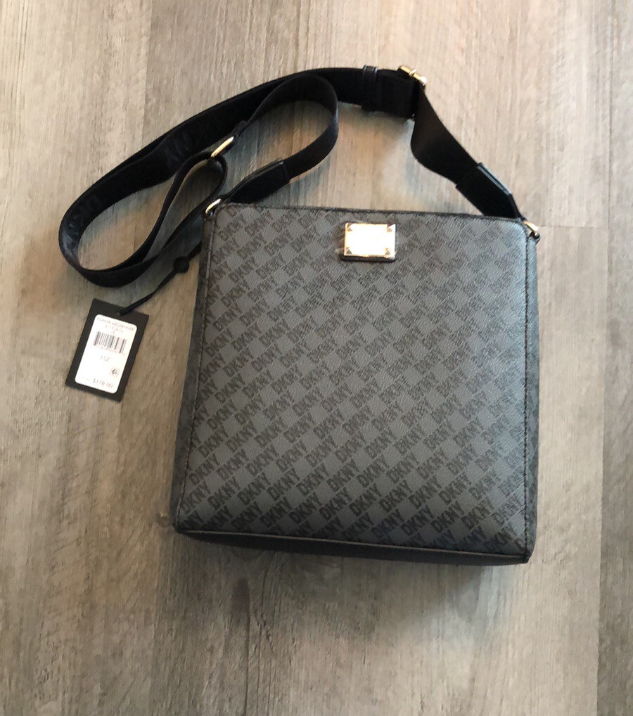 DKNY Parker Messenger Shoulder Bag Black & Gray Faux Leather DKNY Parker Messenger Shoulder Bag Black & Gray Faux Leather