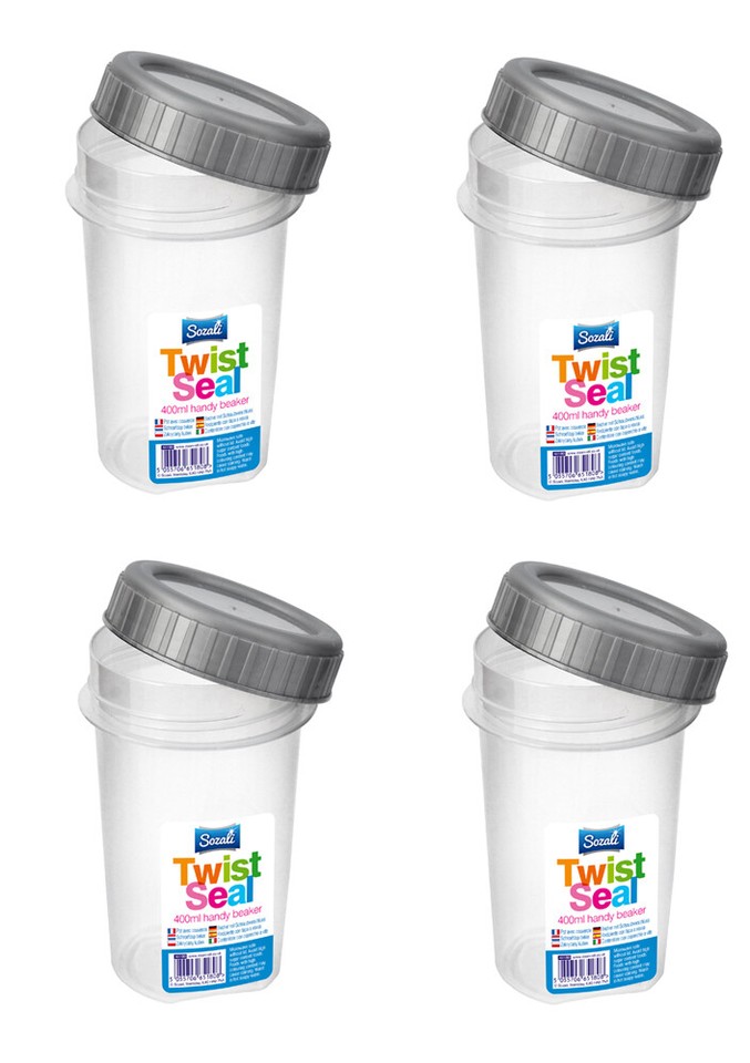 CLEAR PLASTIC BEAKER SCREW TOP GREY LID LIQUID STORAGE TRAVEL CAMPING ...