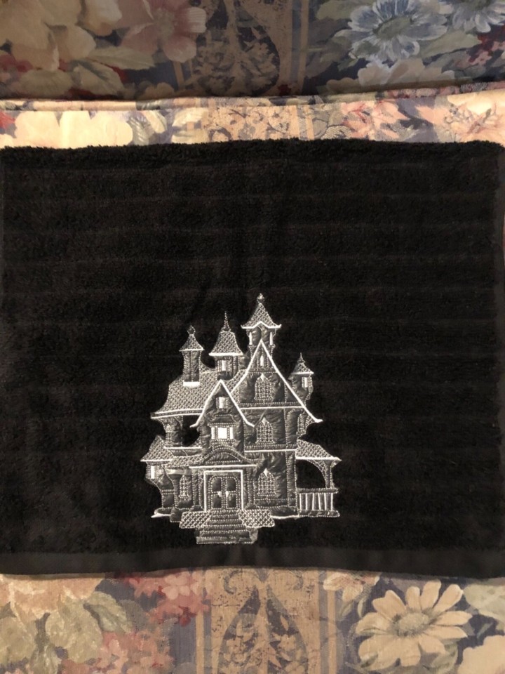 Embroidered Main stays Hand Towel - Halloween - Haunted House - Black ...