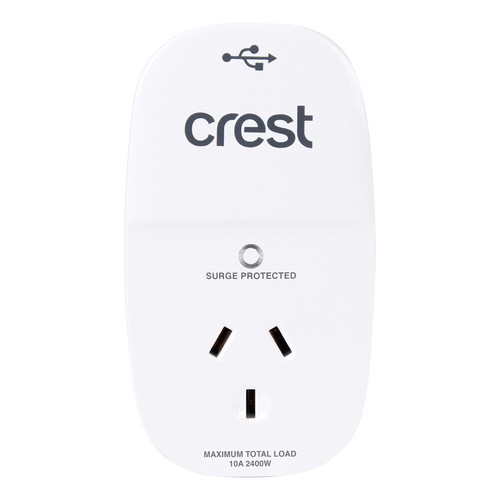 Crest Surge Protected 1-Socket Power Adaptor Outlet w/ 2x USB-A Ports ...