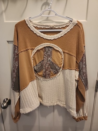 POL PULLOVER PEACE SIGN LG HIPPY STYLE OVERSIZED NEUTRAL TONES | eBay