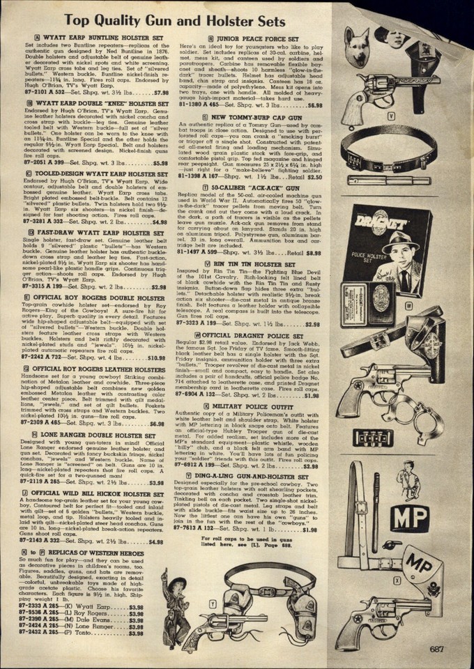 1957 PAPER AD COLOR 3 PG Wyatt Earp Gun Holster Roy Rogers Tommy Burp ...