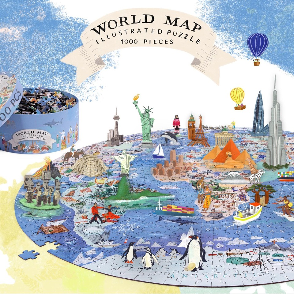 World Map Illustrated Puzzle 1000 pieces Round Jigsaw by bopster | eBay UK