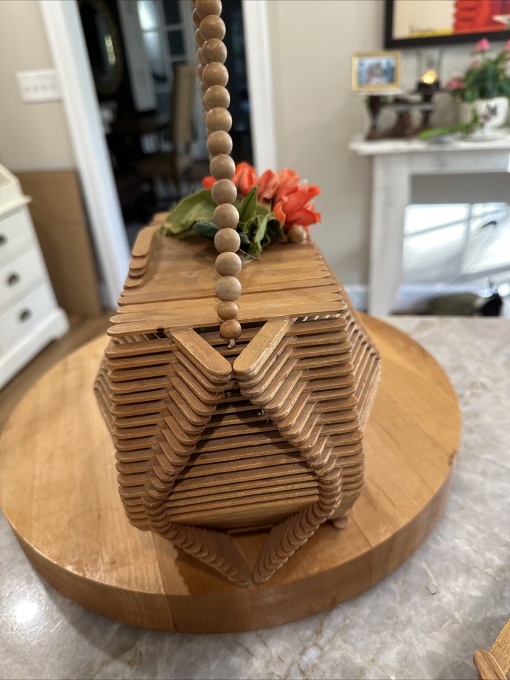 VINTAGE HAND MADE WOOD POPSICLE PURSE BAG W WOOD BEAD HANDLE & Bowl | eBay