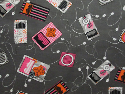 RETRO MUSIC IPOD EAR BUDS SONGS SPEAKERS GRAY COTTON FABRIC FQ | eBay