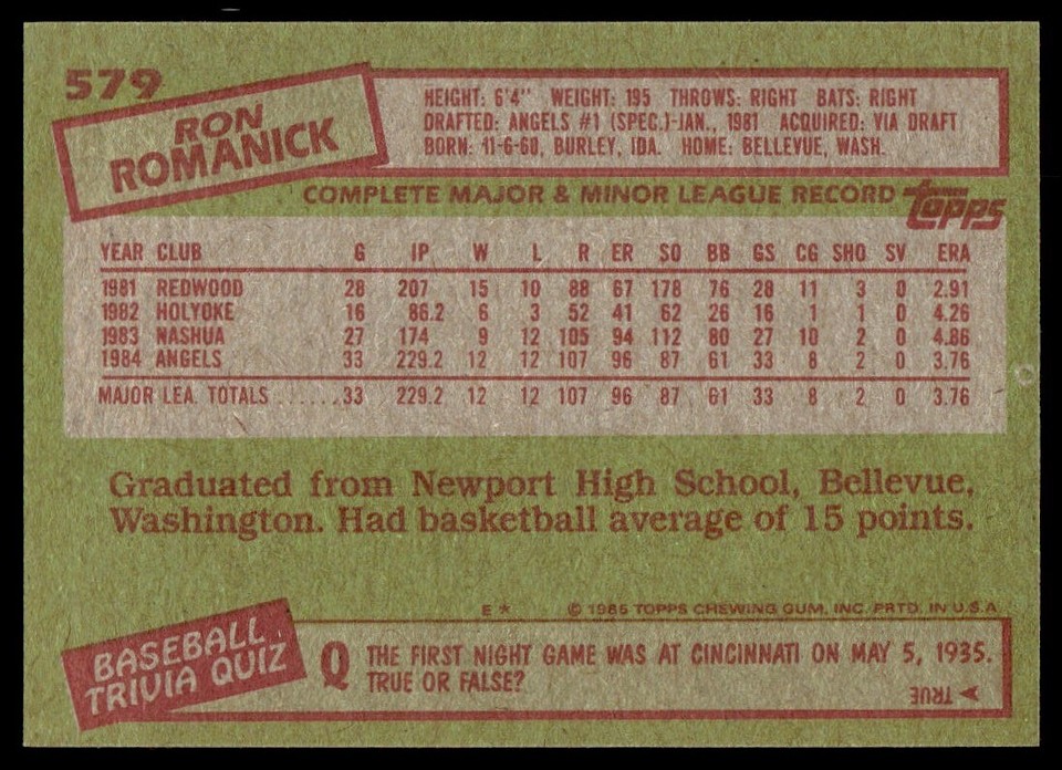 1985 Topps Ron Romanick Rookie California Angels #579 | eBay