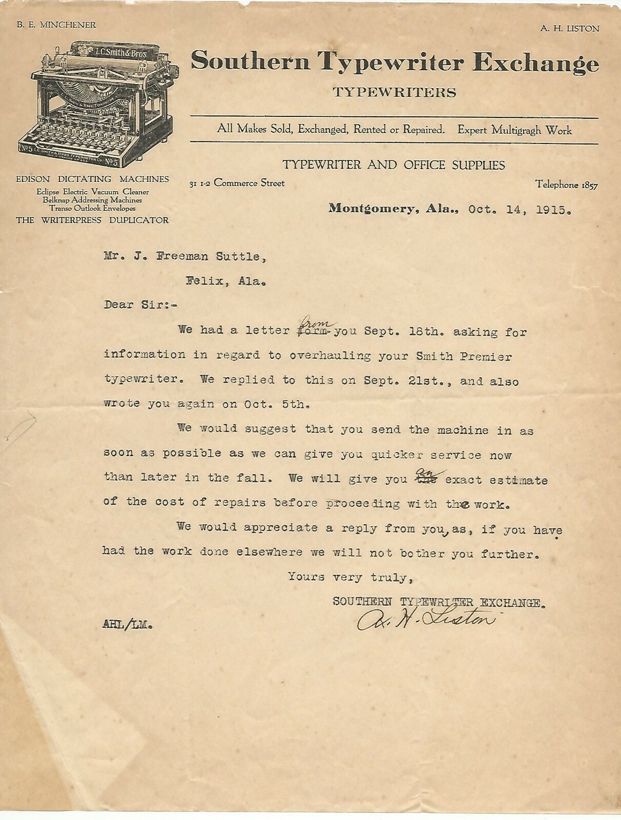 ADVERTISING SOUTHERN TYPEWRITER EXCHANGE~REPAIRS~MONTGOMERY, ALA~1915 LETTERHEAD | eBay