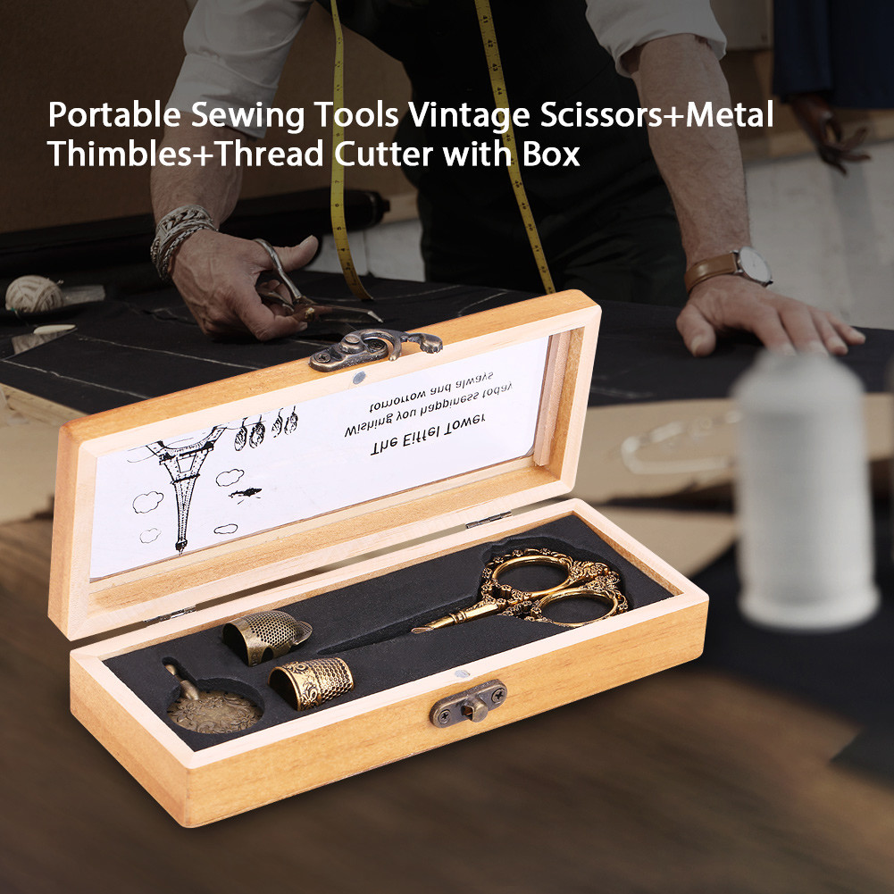 Metal Sewing Tools Kit Vintage Scissors+Thimbles+Thread Cutter w/ Wood ...